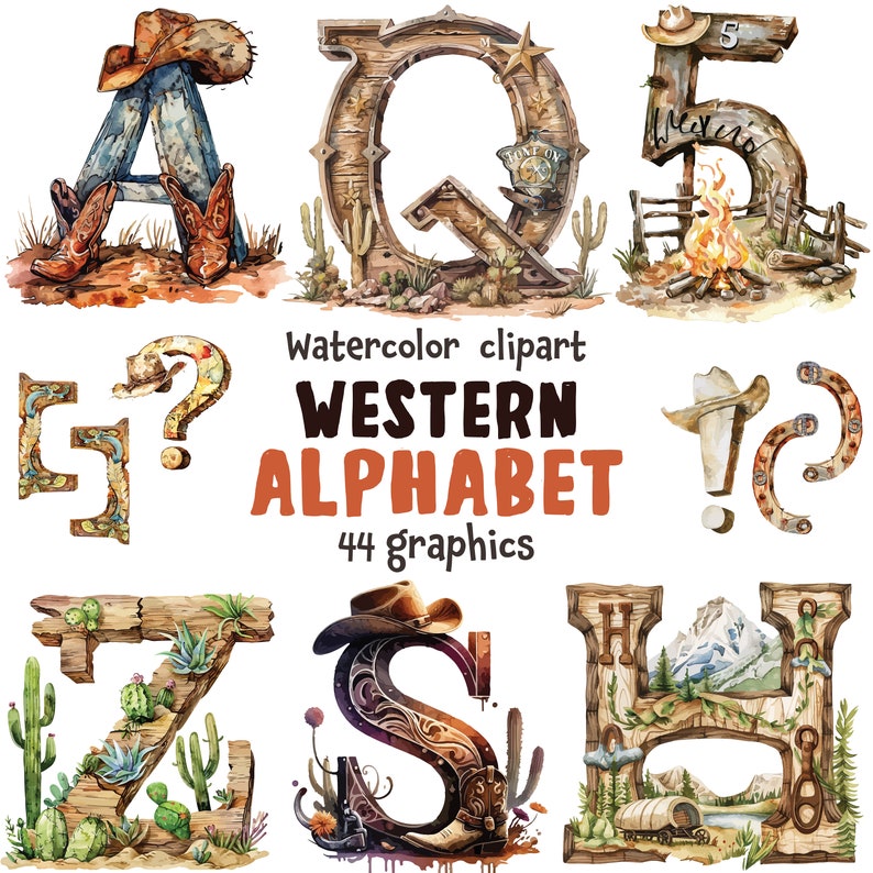 Watercolor Western Alphabet Clipart: Cowboy Font, Western Letter (44 ...