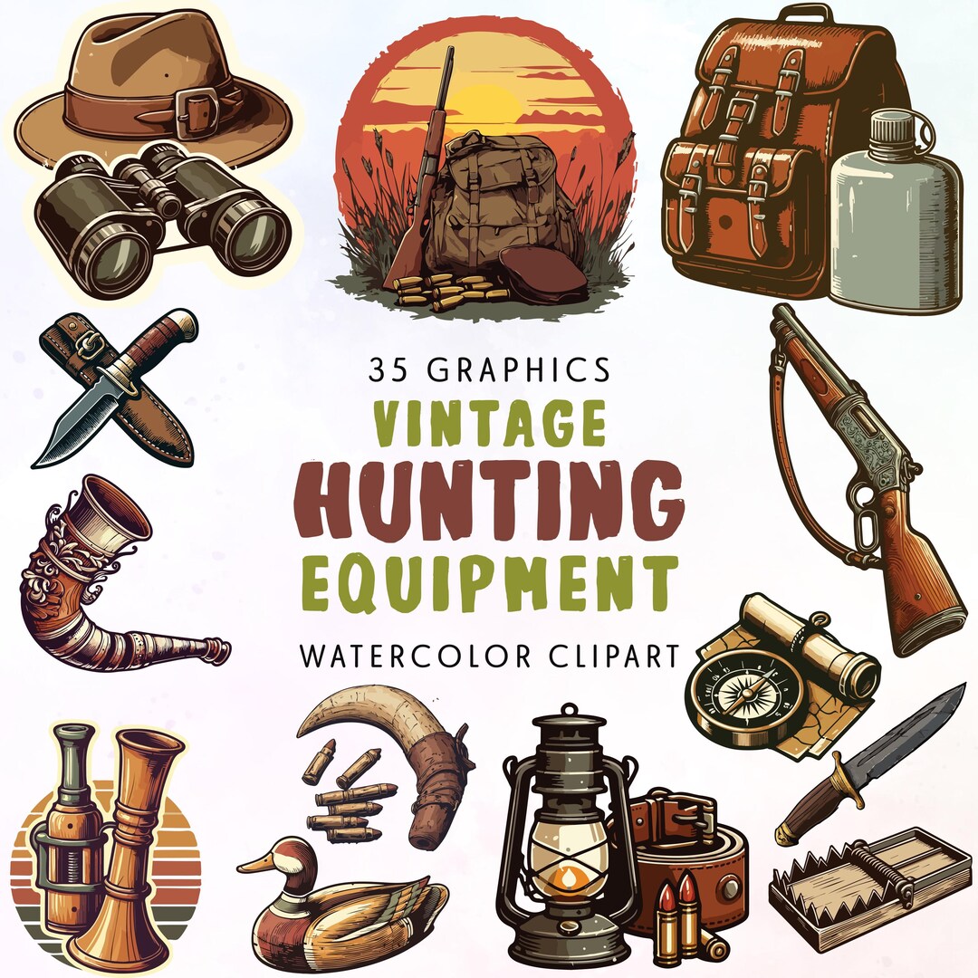 Vintage Hunting Equipment Watercolor Clipart , Retro Hunting Tools ...