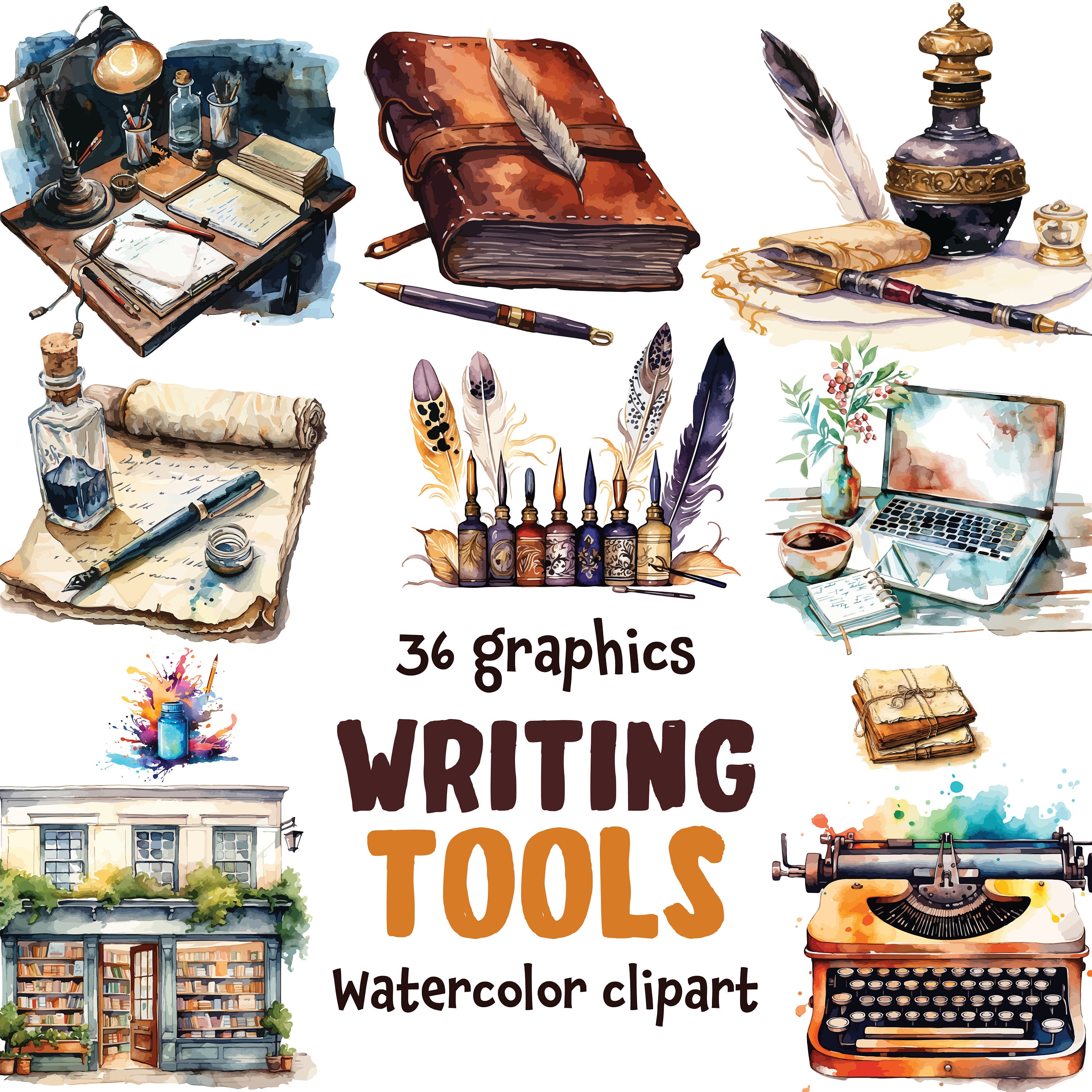 Writing Tools and Equipments Watercolor Clipart, Writing Materials ...