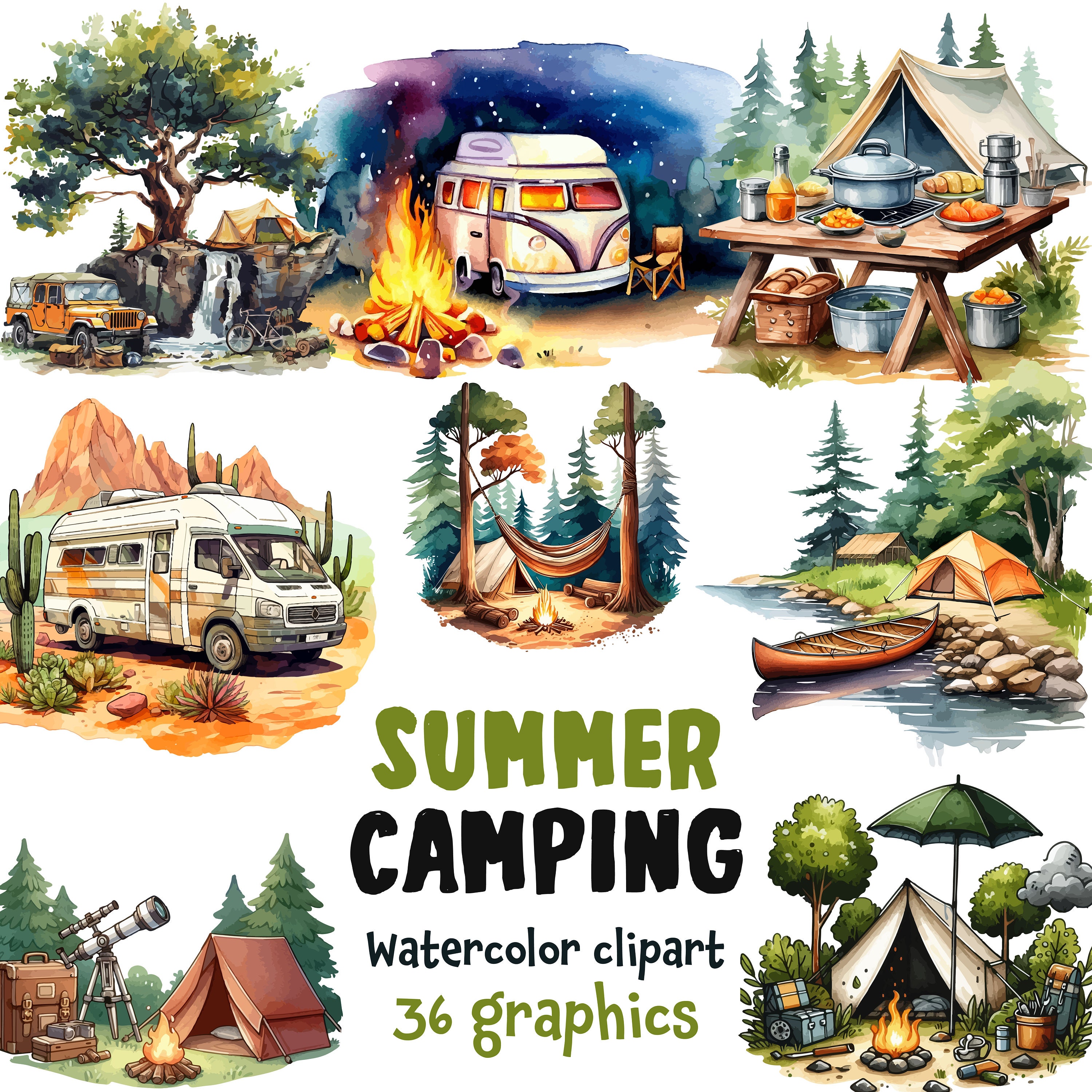 Camping Watercolor Clipart, Backpacking Clipart, Hiking Campfire ...