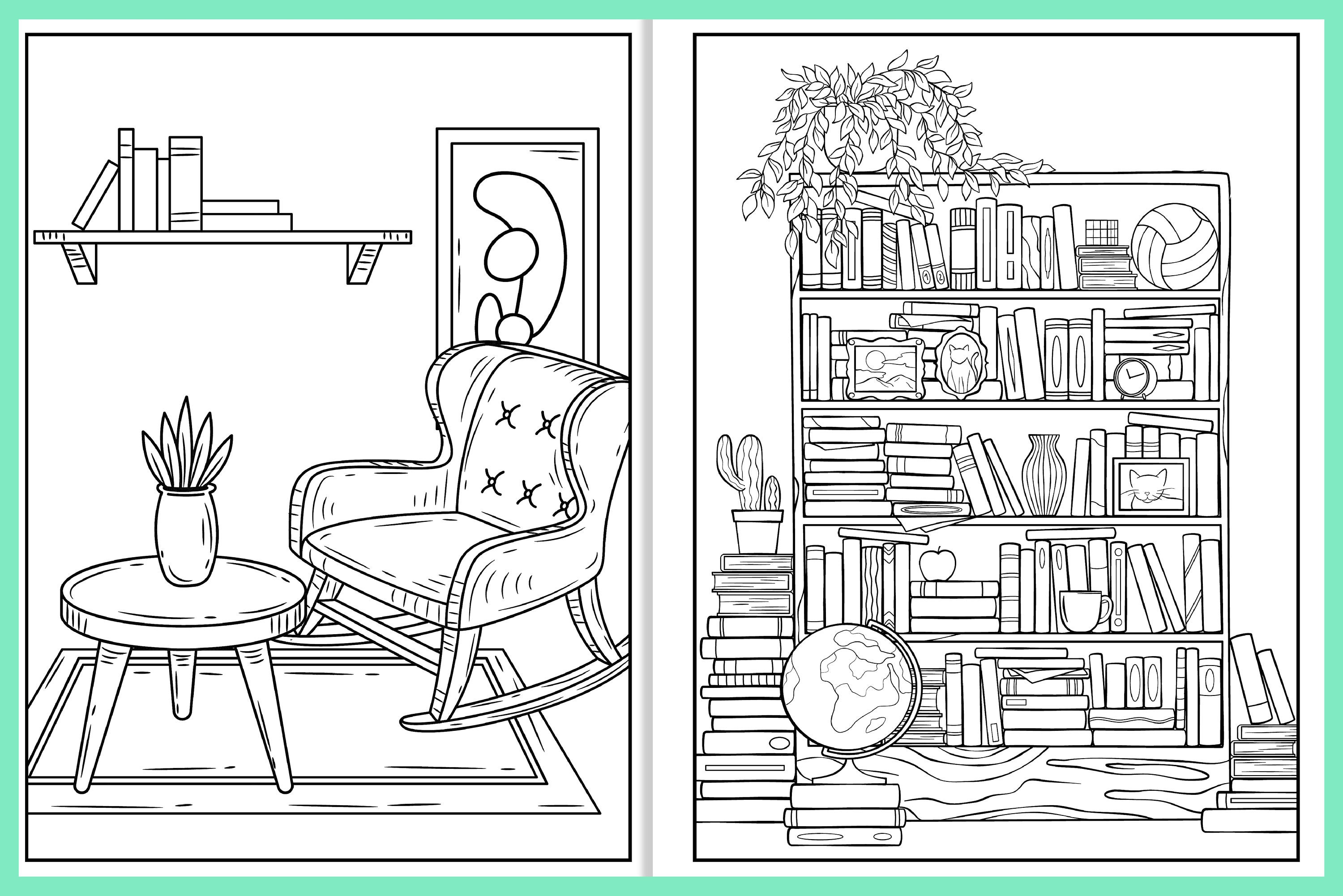 Cozy Reading Room Coloring Pages, Cozy Reading Corner, Cozy Scenes ...