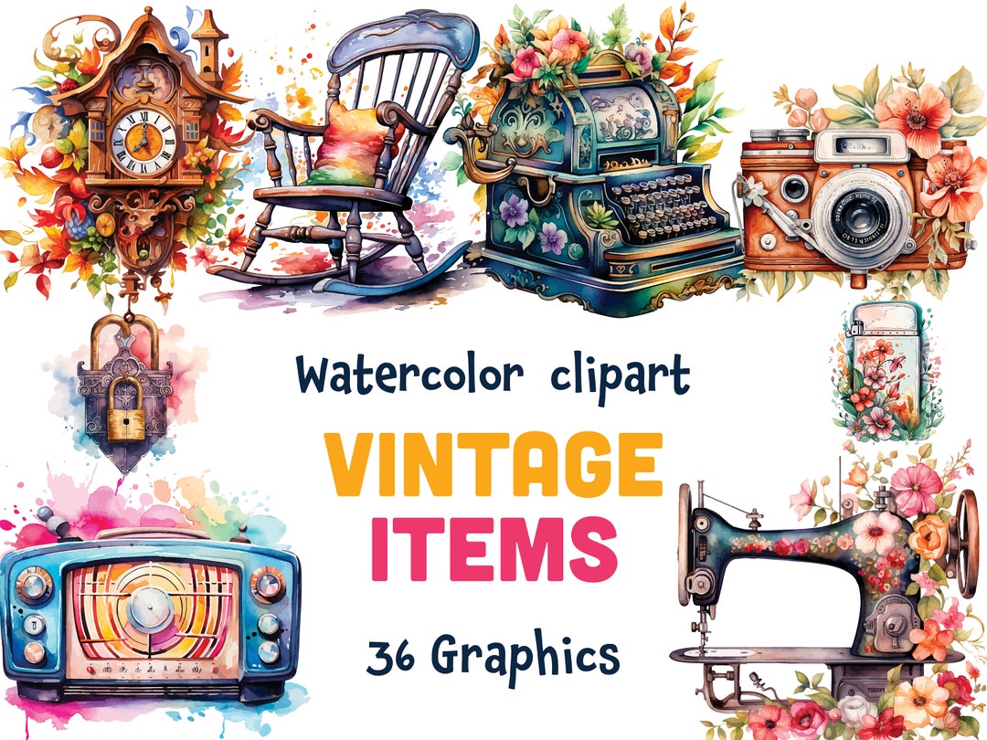 Vintage Items Watercolor Clipart, Retro Devices, Vintage Typewriter ...