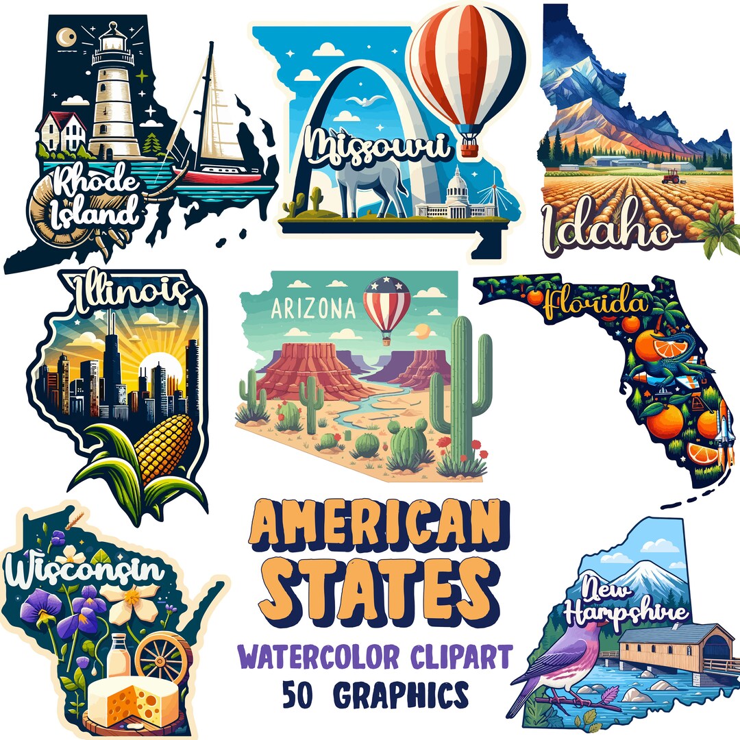 All 50 USA States Watercolor Clipart, Colorful Maps, Beautiful ...