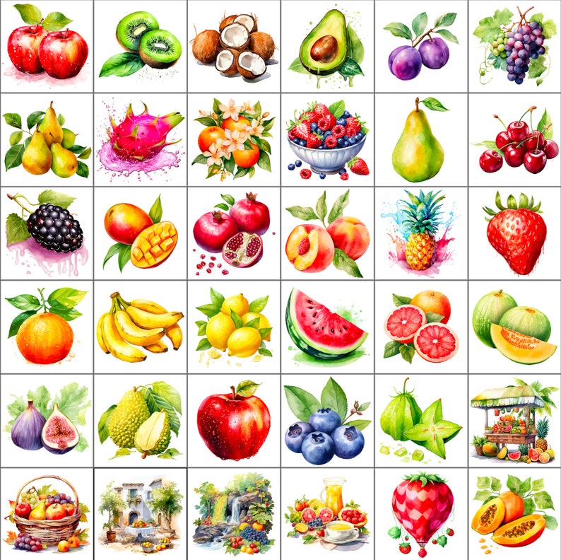 Fruits Watercolor Clipart, Healthy Food Clipart, 36 SVG, 36 PNG ...