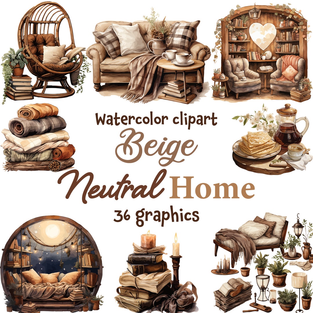 Beige Neutral Home Watercolor Clipart, Beige Cozy Reading Corner ...