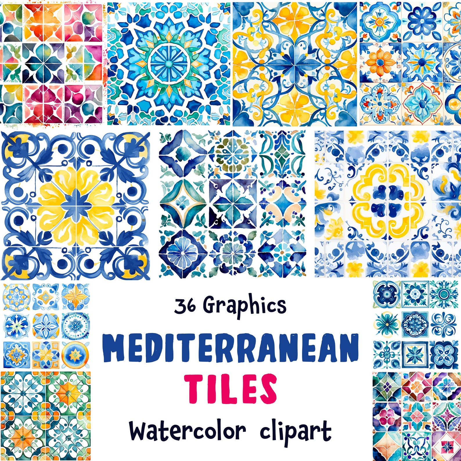 Mediterranean Ceramic Tiles Watercolor Clipart, Moroccan Mosaic Italian ...