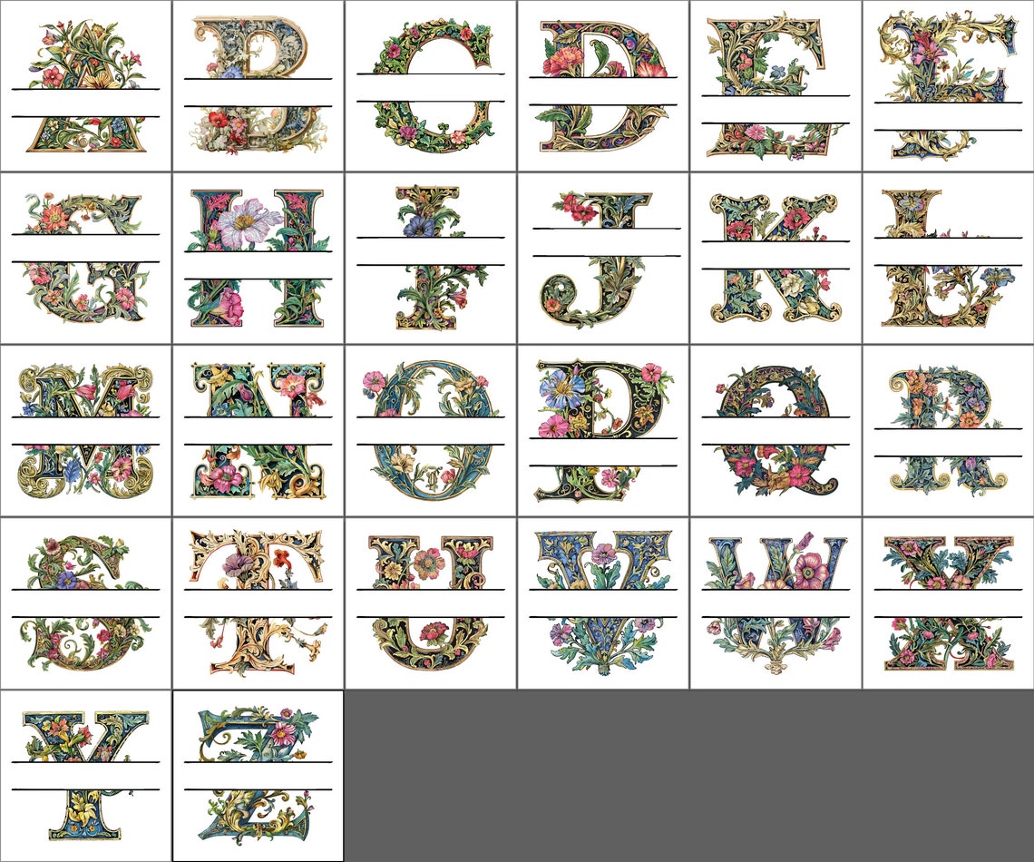 Floral Split Monogram Letters: Watercolor Alphabet Clipart , Floral ...