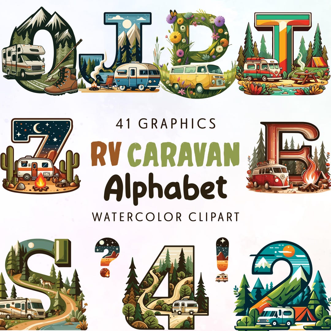 RV Caravan Alphabet Watercolor Clipart, Camping Caravan Font, Motorhome ...