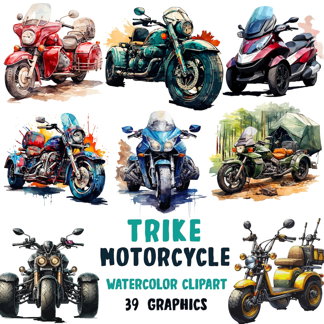 Trike Motorcycle Watercolor Clipart, Trike Bikes, Three Wheel ...
