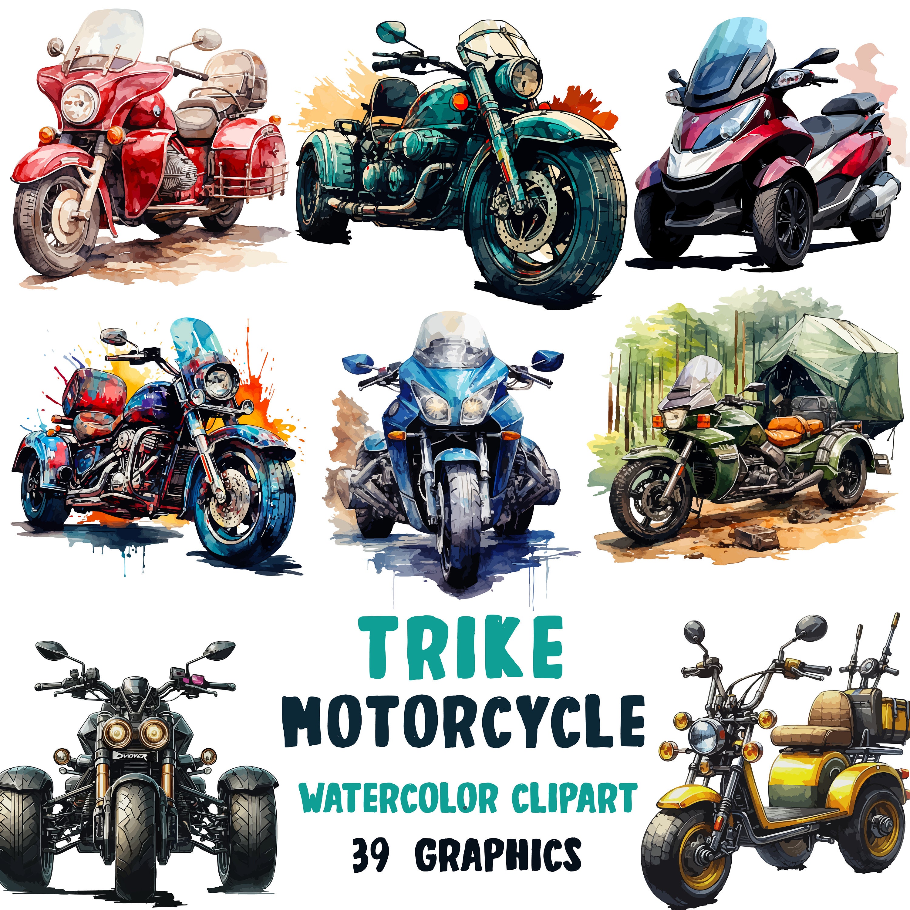 Trike Motorcycle Watercolor Clipart, Trike Bikes, Three Wheel ...