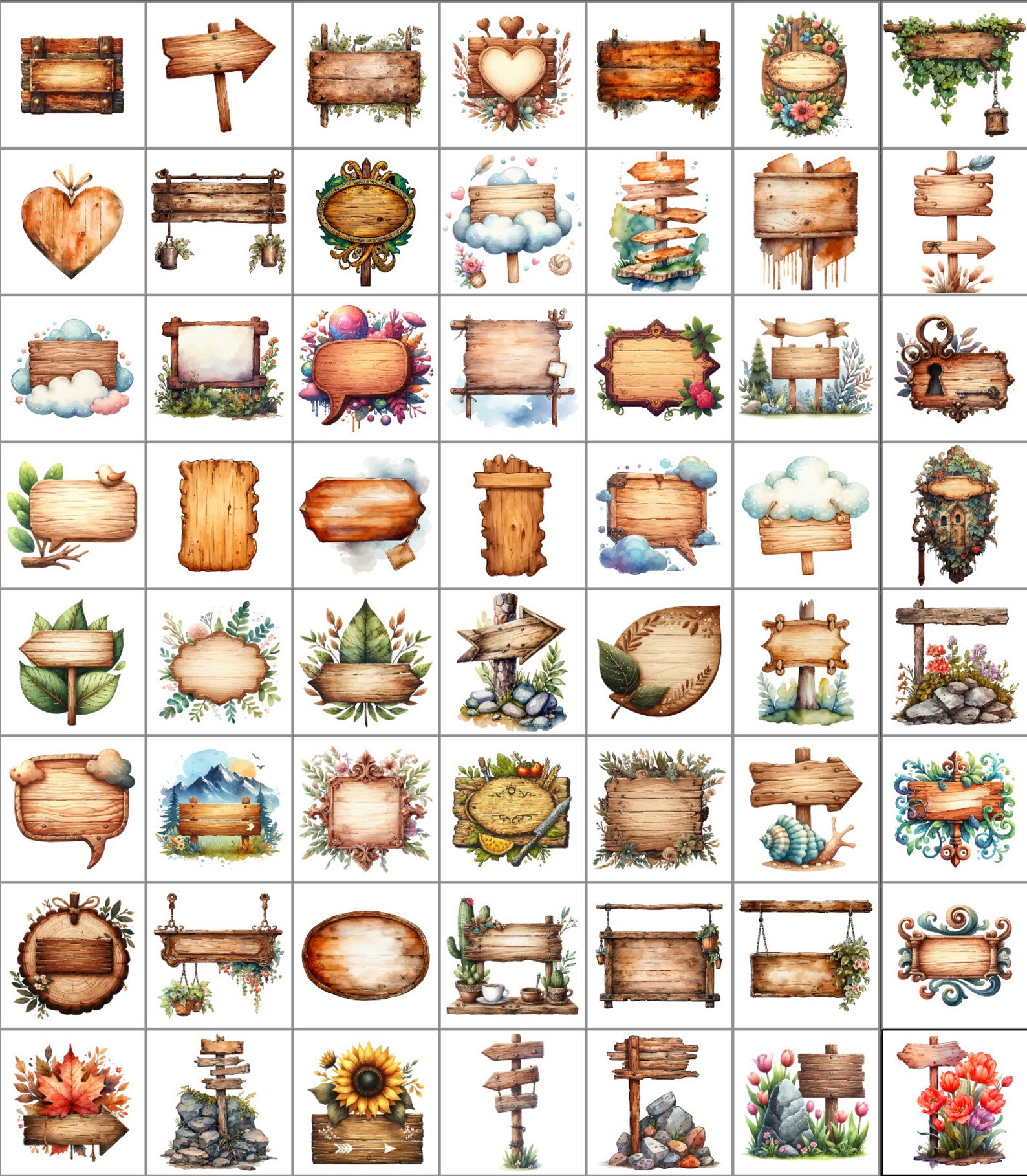 Wooden Signs Watercolor Clipart, Wooden Sign Post Arrows Stone Sign ...