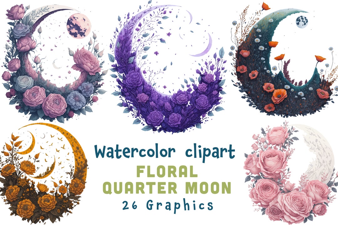 Floral Quarter Moon Watercolor Clipart: 26 SVG & PNG Files - Etsy