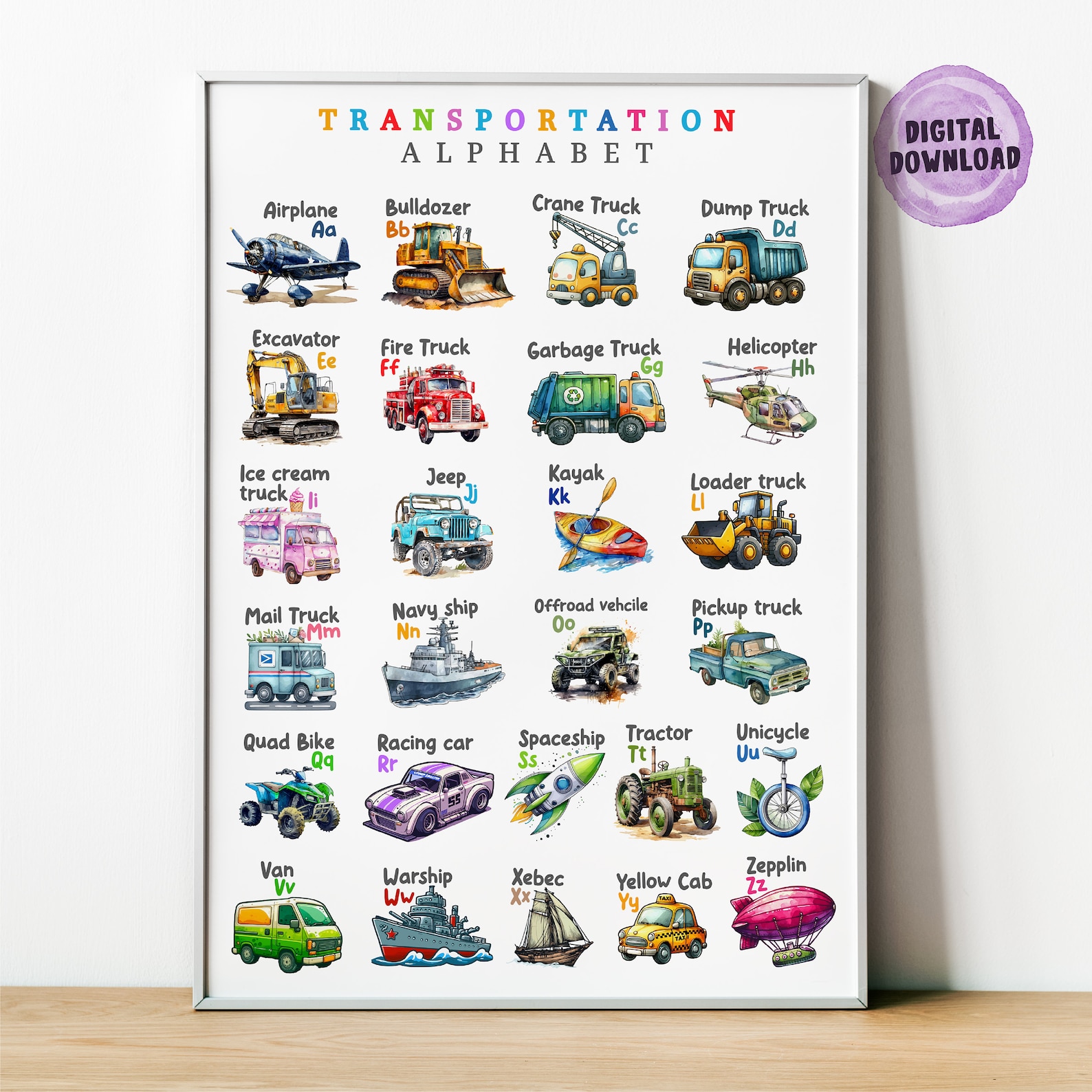 Transport Alphabet Watercolor, ABC Vehicles Poster, Printable ...