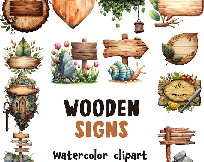 Watercolor Rustic Wood Sign Clipart: 26 PNG Designs (digital Download ...