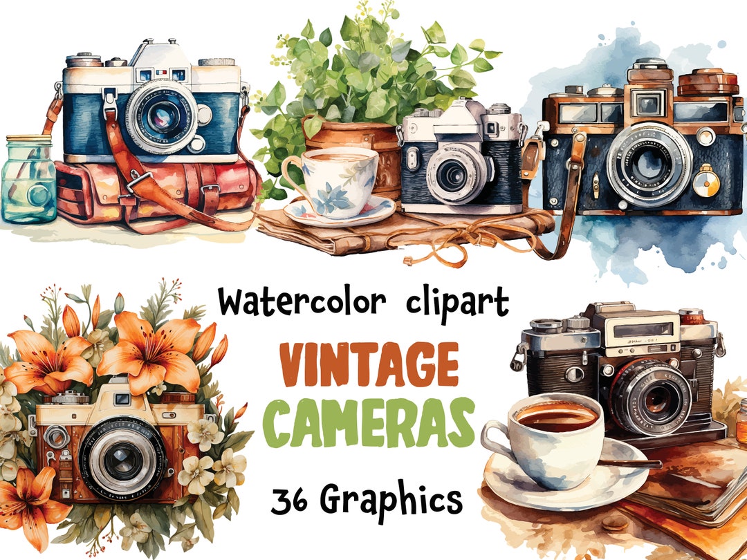 Watercolor Vintage Camera Clipart: 36 PNG & SVG Files - Etsy