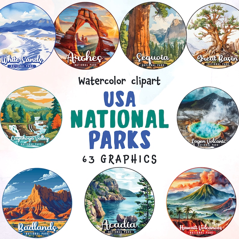 USA National Parks Watercolor Clipart: All 63 USA National Parks ...