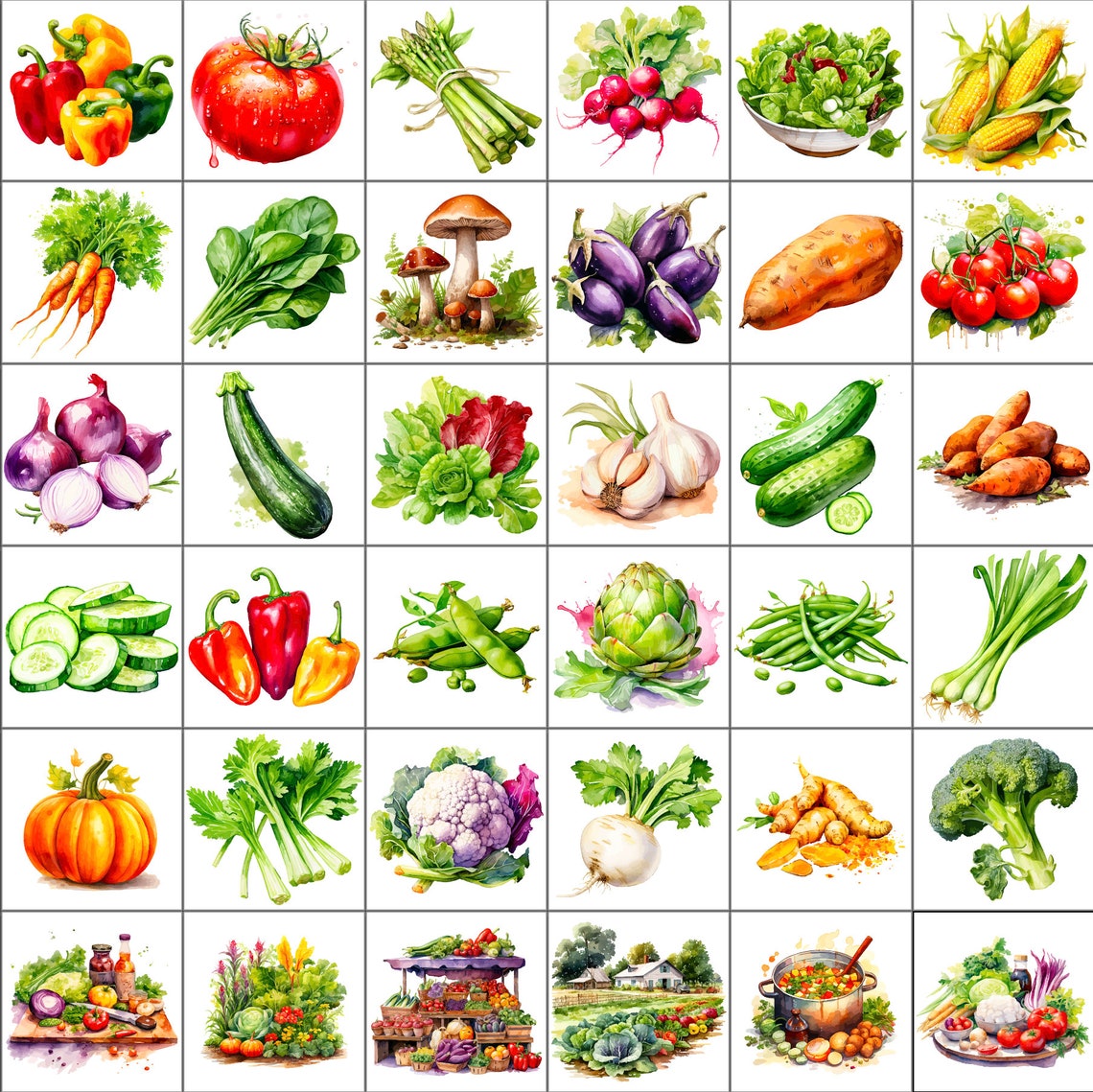 Vegetables Watercolor Clipart, Farm Vegetables Basket,gardening 36 SVG ...