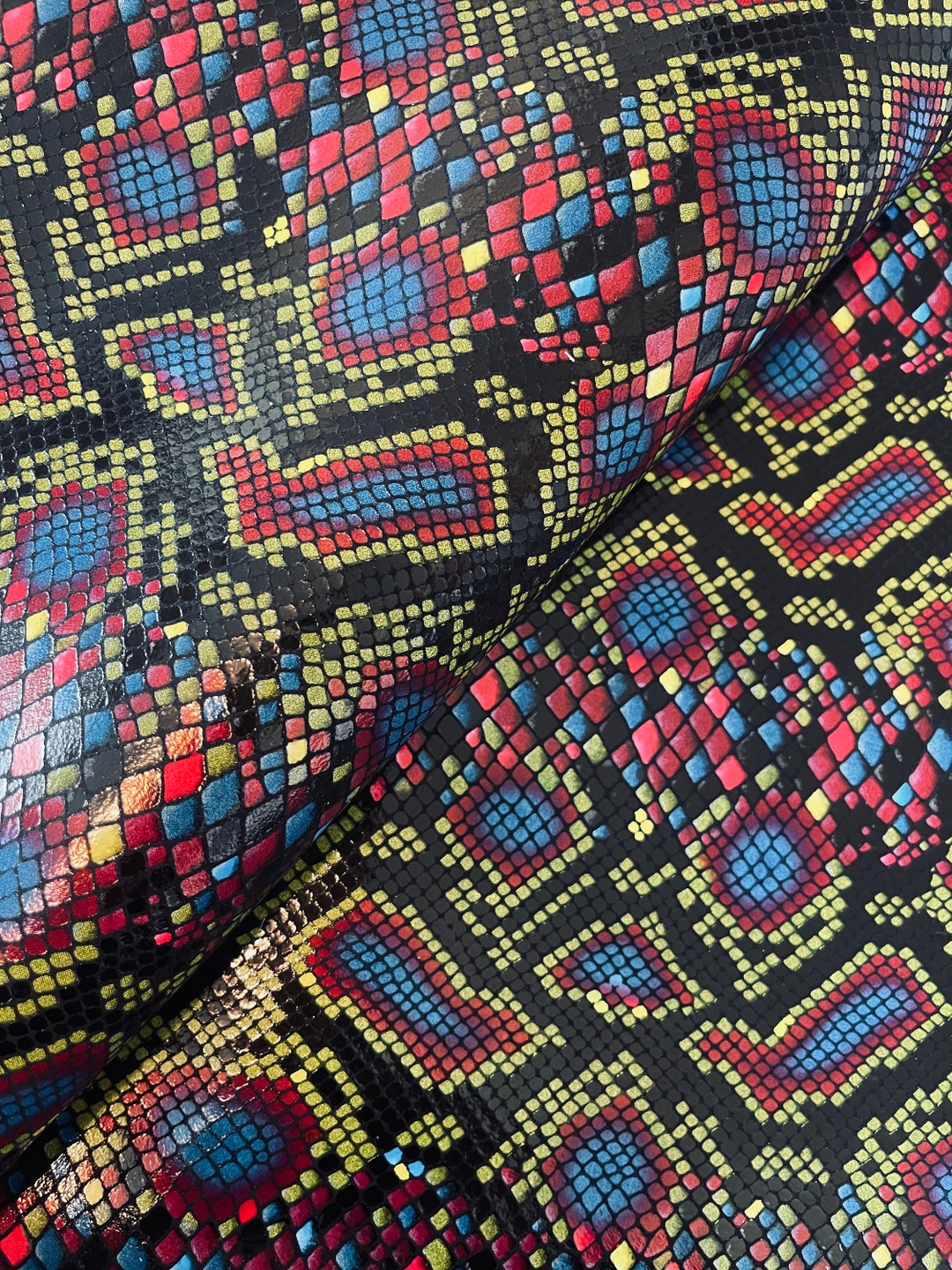 Neon Multicolored Snake Print Leather, Black, Blue, Green Snake Print ...