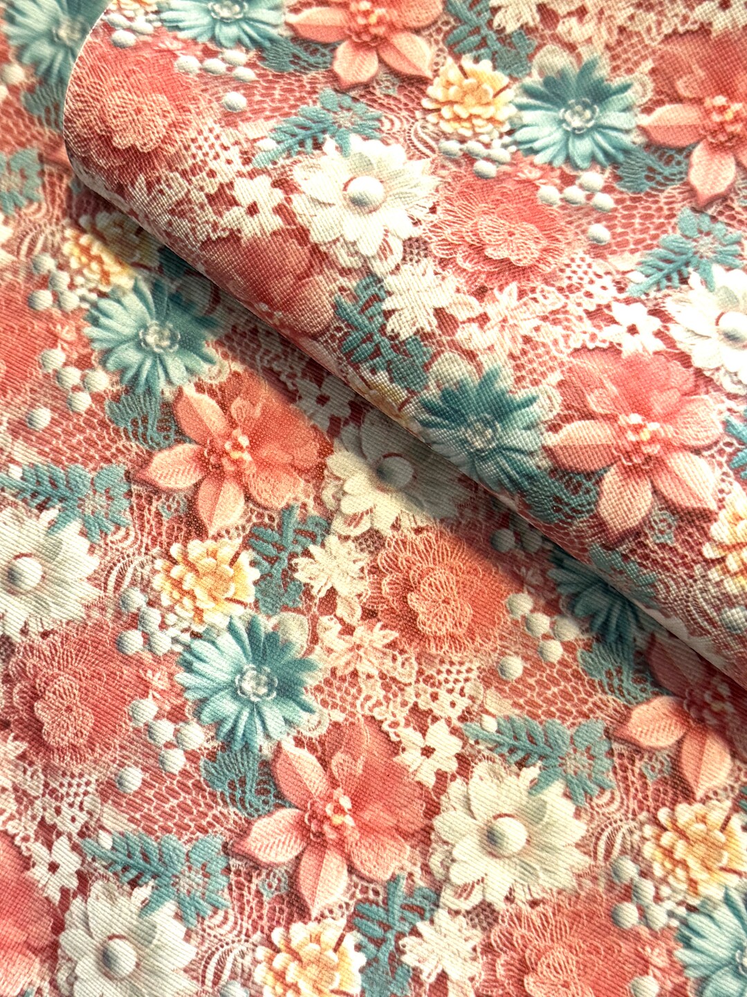 Faux Leather Fabric, Lace Floral Print, Synthetic Leather, Lace Fabric ...