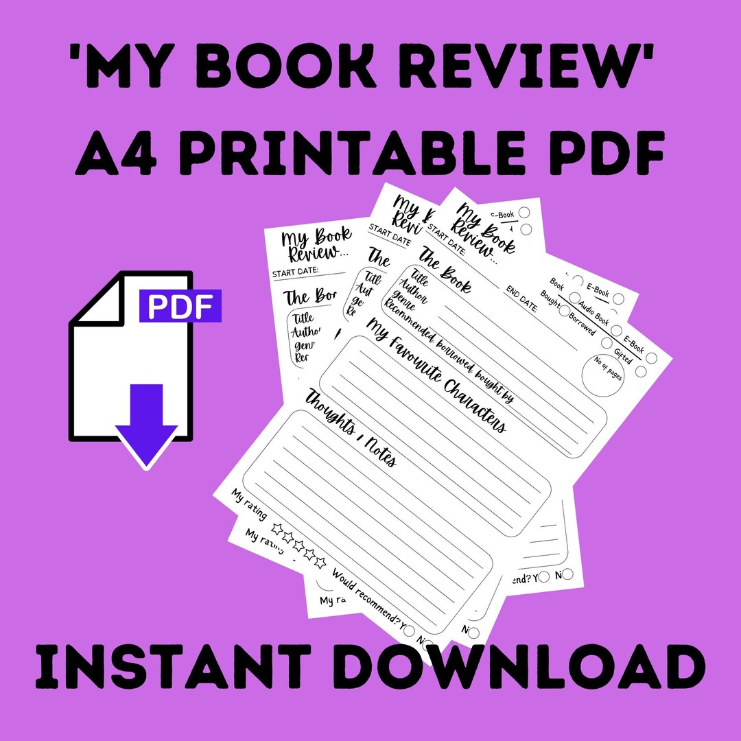 My Book Review, Printable, Digital File, A4, PDF File, Book Review ...