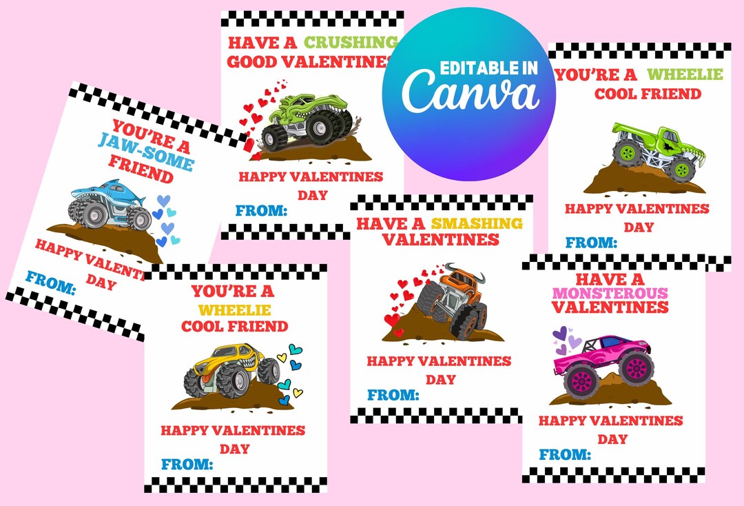 Editable Monster Truck Valentines Day Cards, Printable School Kids ...
