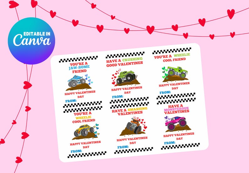 Editable Monster Truck Valentines Day Cards, Printable School Kids ...
