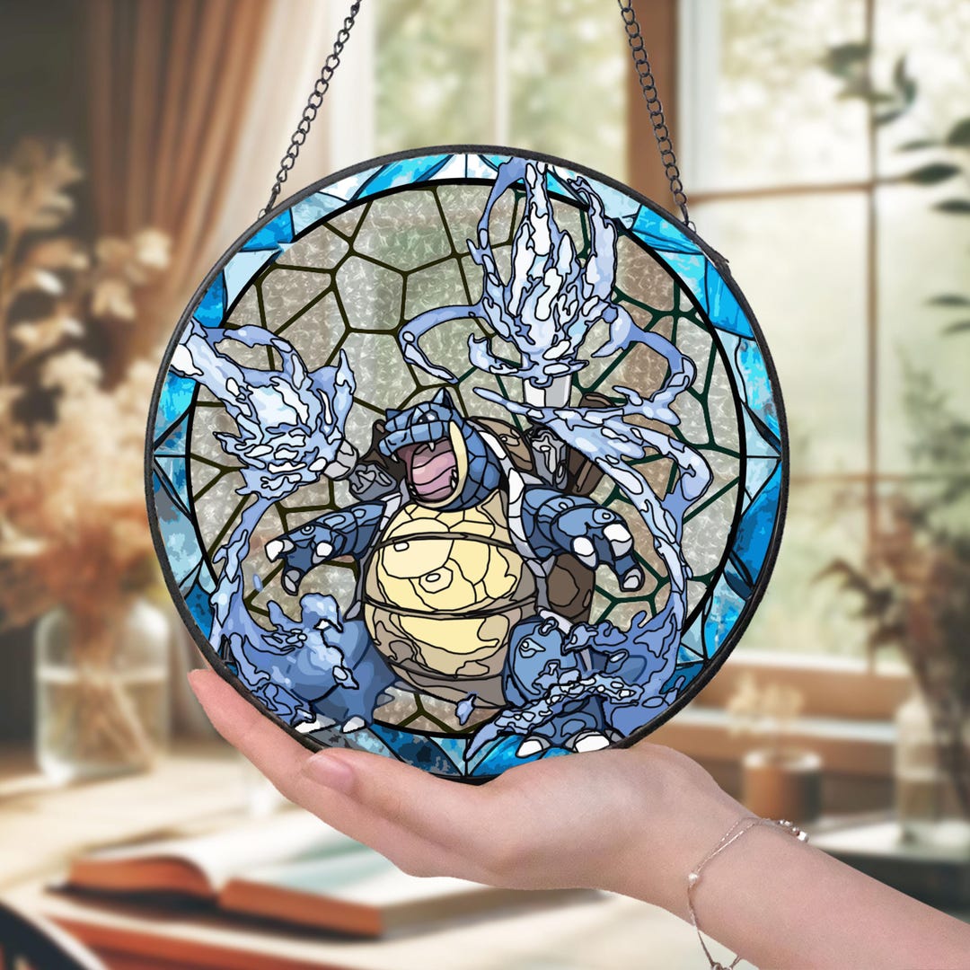 Handcrafted Blastoise Stained Glass Suncatcher | Dynamic Water Pokemon ...