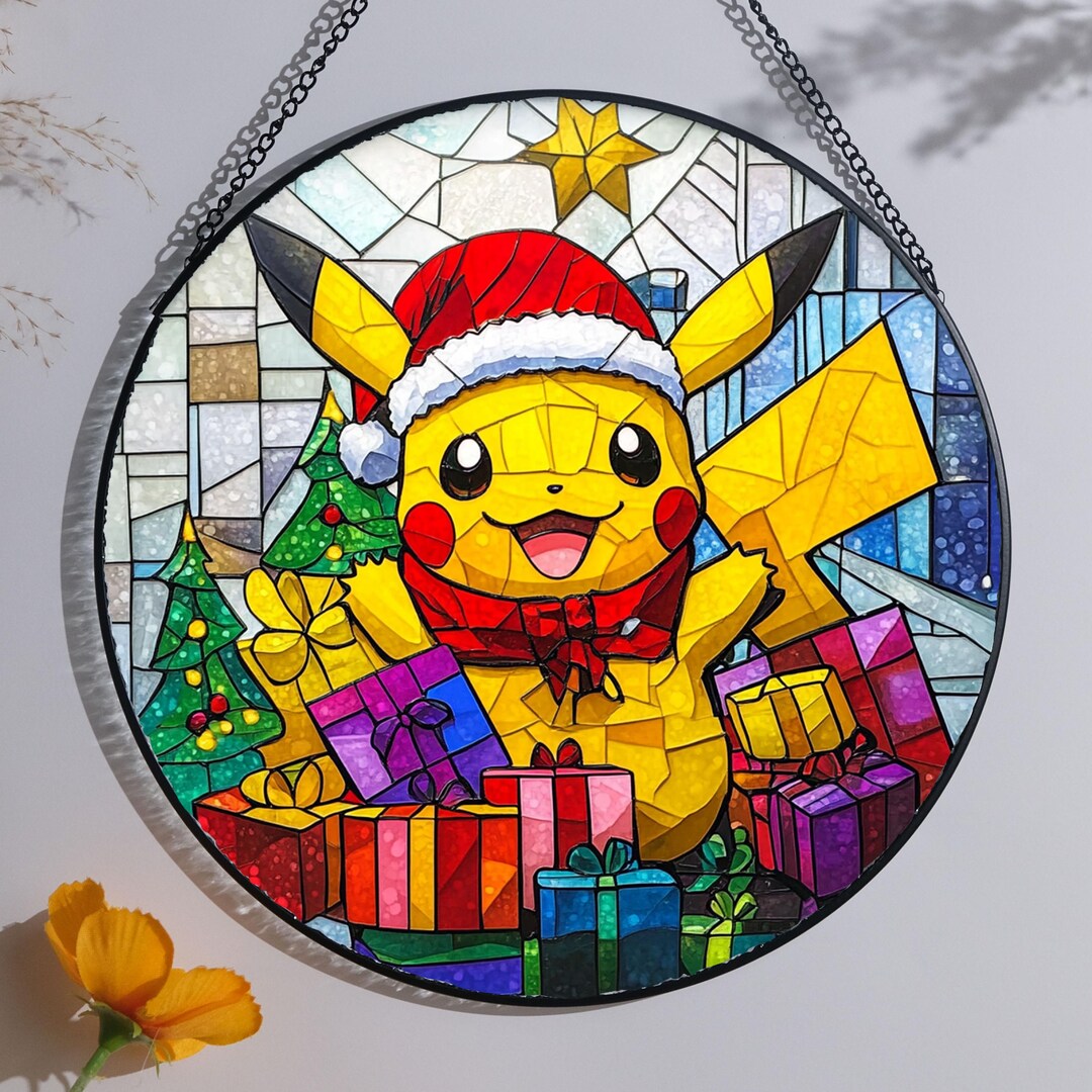 Handcrafted Pikachu Christmas Stained Glass Suncatcher, Festive Holiday ...