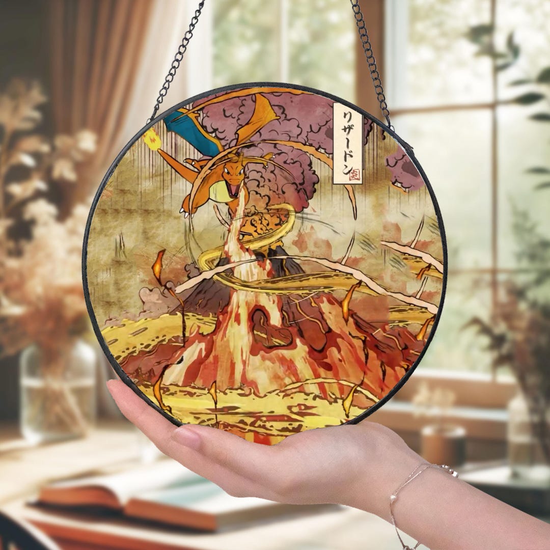 Handcrafted Charizard Glass Suncatcher Starry Night-inspired Pokemon ...