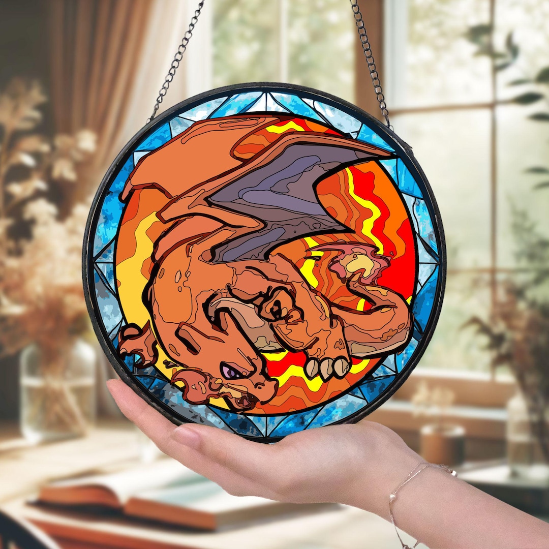 Handcrafted Charizard Glass Suncatcher, Starry Night-inspired Pokemon ...