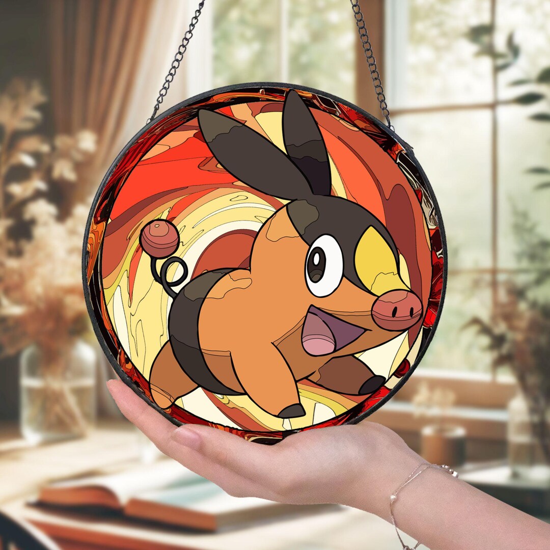 Pokemon Glass Suncatcher Tepig Glass With Fire & Flame Design, UV ...