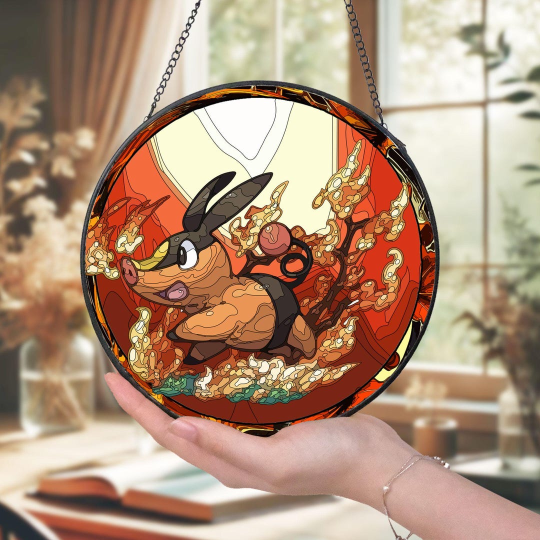 Pokemon Glass Suncatcher Tepig Glass With Fire & Flame Design, UV ...