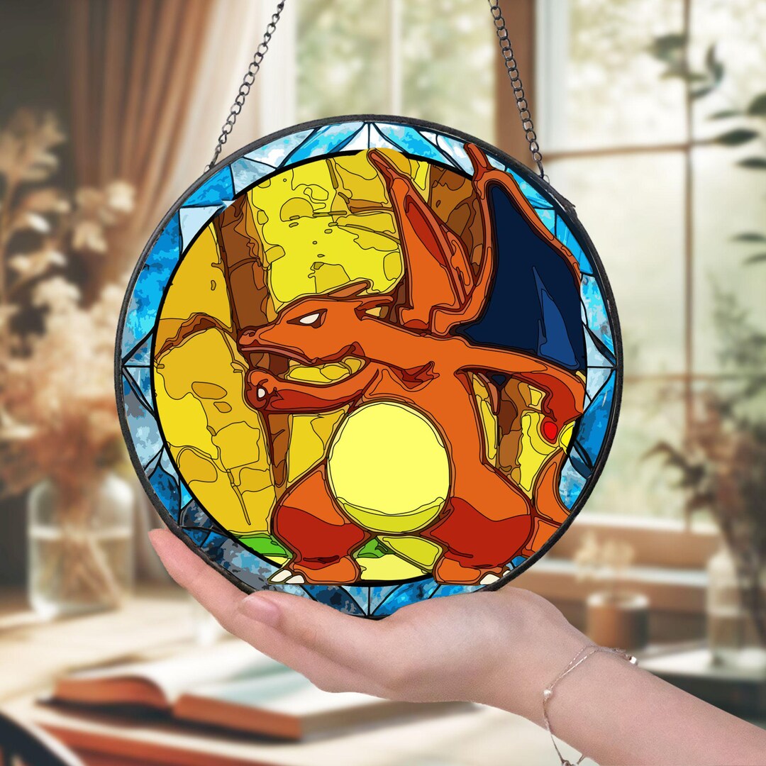 Handcrafted Charizard Glass Suncatcher, Starry Night-inspired Pokemon ...