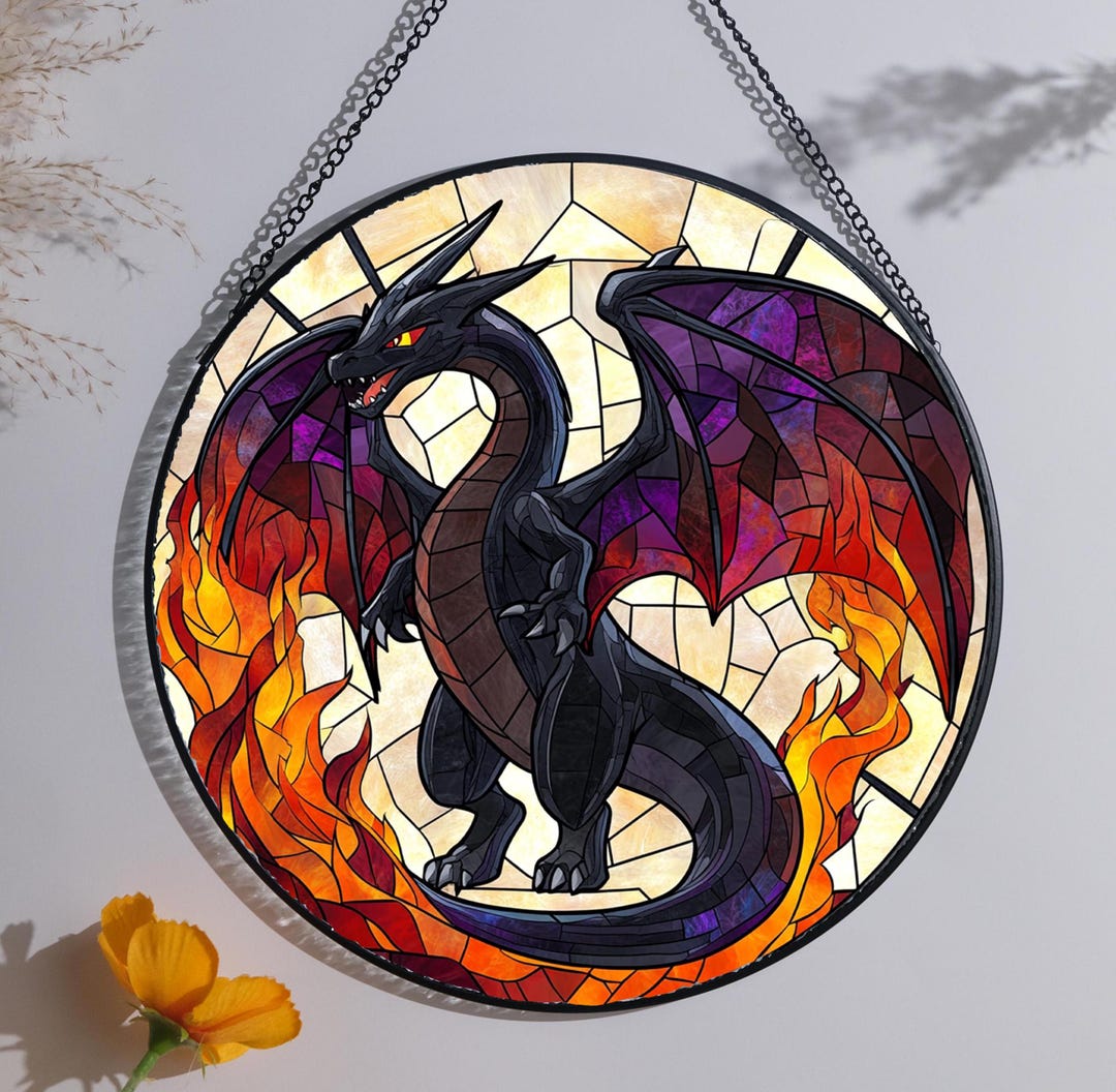 Handcrafted Charizard Stained Glass Suncatcher | Fiery Pokémon Window ...