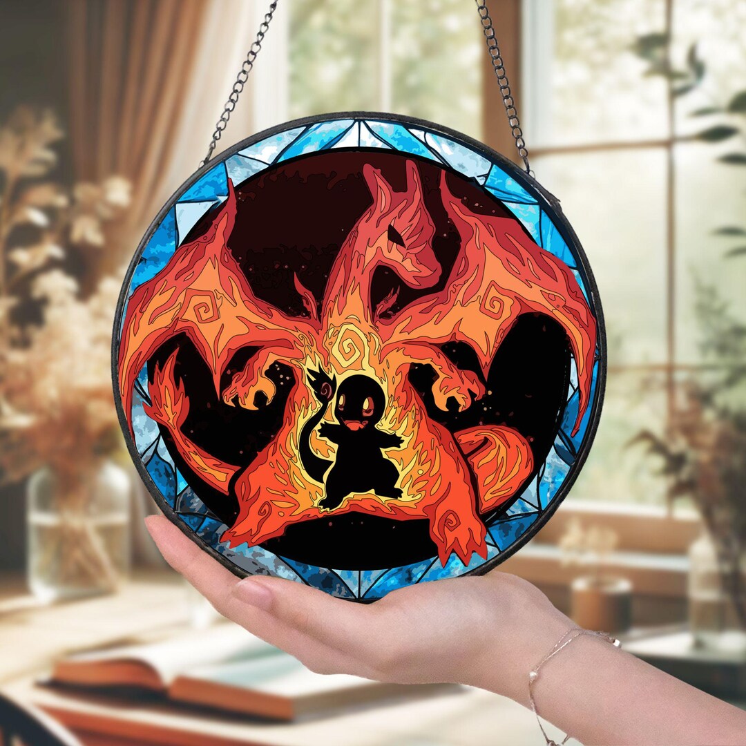 Handcrafted Charizard Glass Suncatcher, Starry Night-inspired Pokemon ...