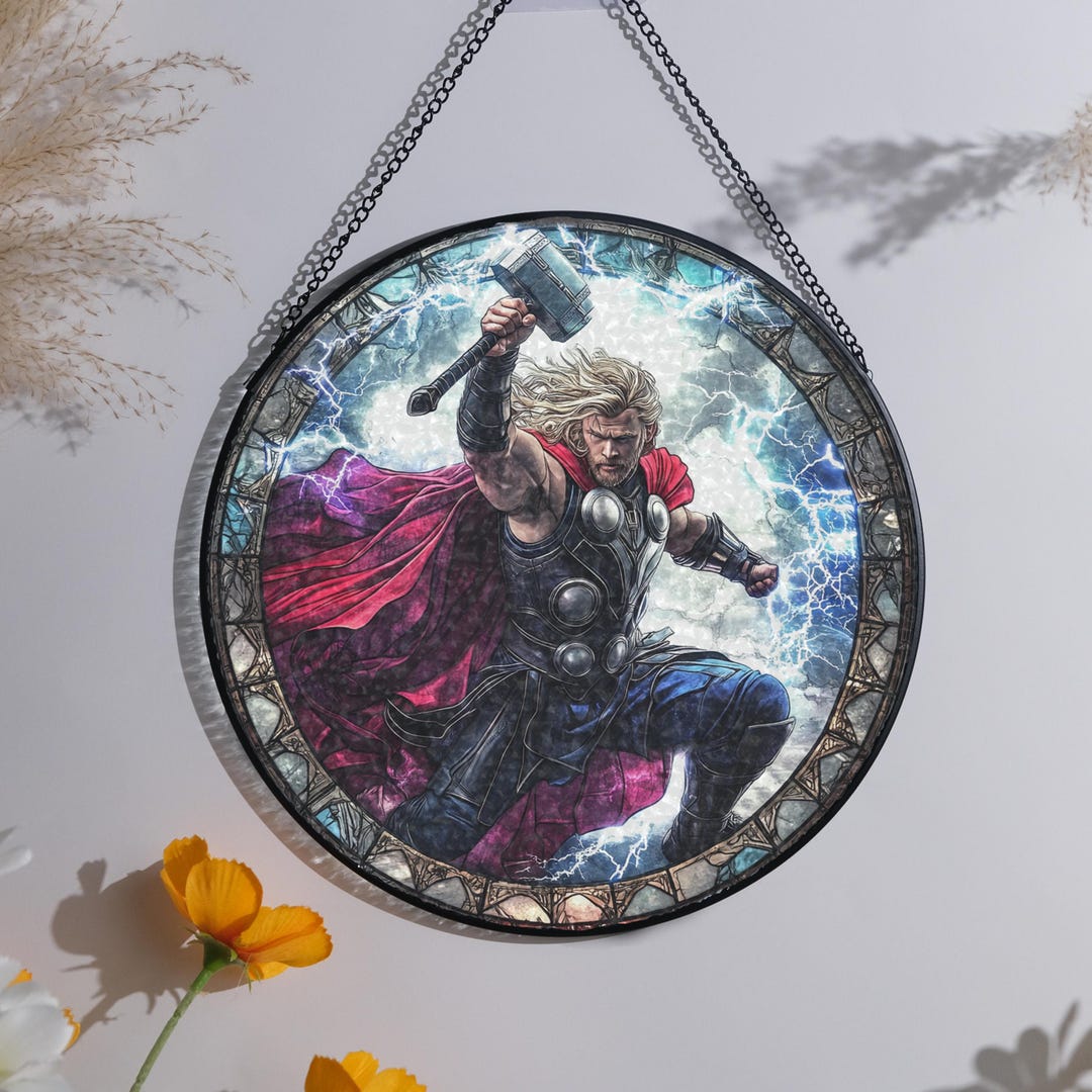 Handcrafted Thor Stained Glass Suncatcher Unique Superhero Window Art ...