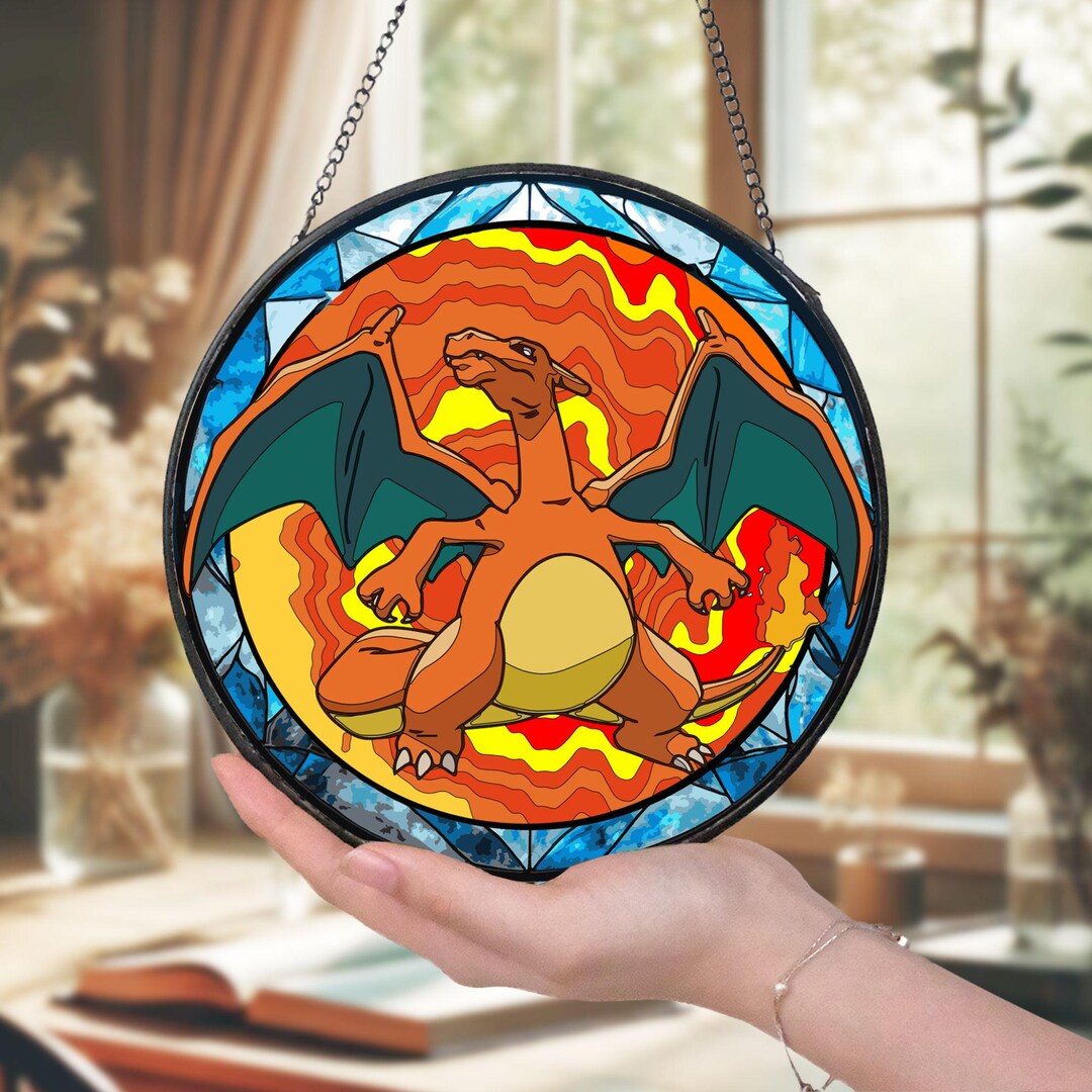 Handcrafted Charizard Glass Suncatcher, Starry Night-inspired Pokemon ...