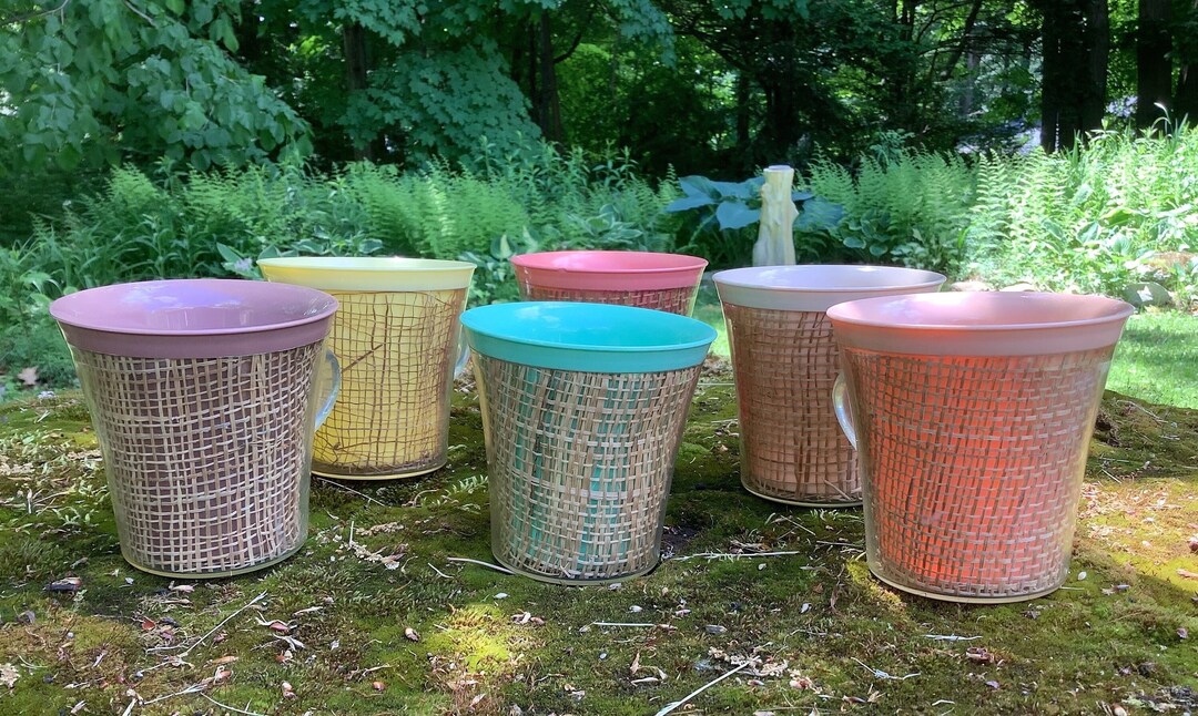 SALE Was 34.00 Mid-century Set, Raffia Ware Insulated Melamine Mugs ...