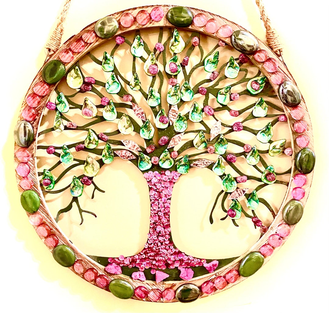 Tree of Life in Pink, Mirrored Mosaic Pebbles Tree of Life, 18.5", Tree ...