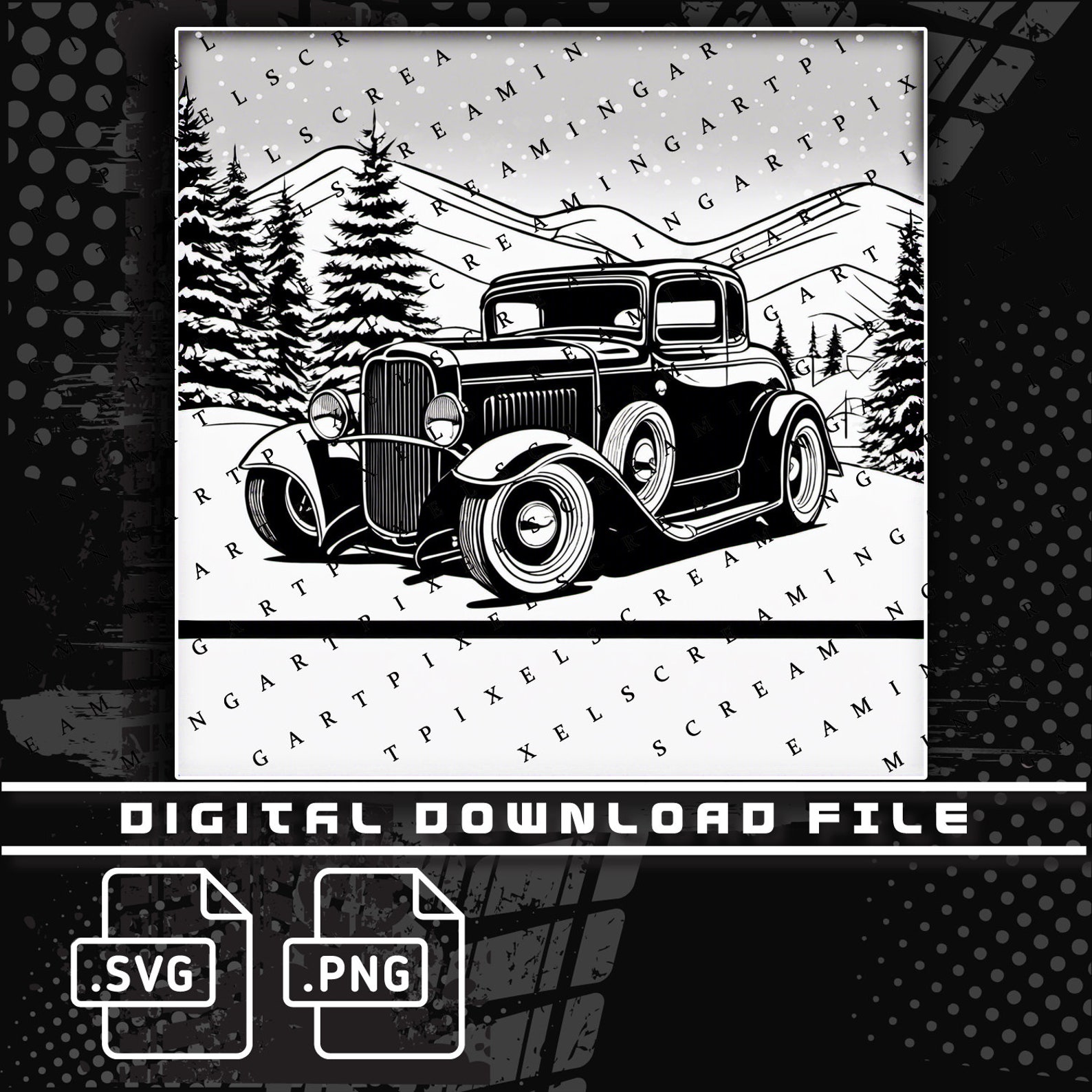 Hot Rod Coupe, Black and White Vector, Rat Rod, Hot Rod PNG SVG 4 Pack ...