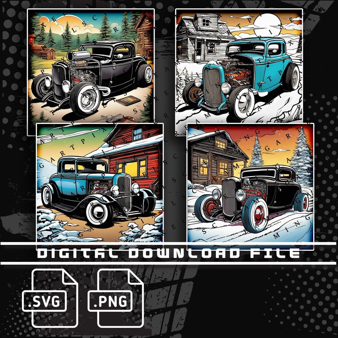 Hot Rod Coupe, Christmas Scene, Rat Rod, Hot Rod PNG SVG 4 Pack, Old ...