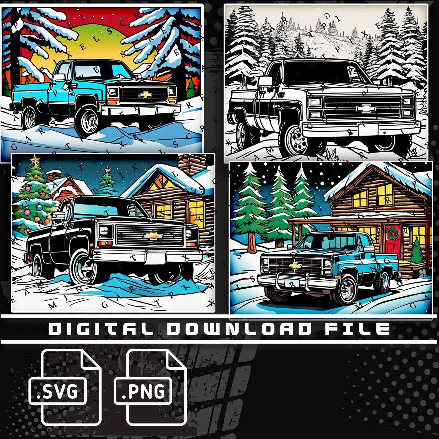 Chevy Squarebody Truck, Chevy C10, Digital File 4 Pack #1, Christmas ...