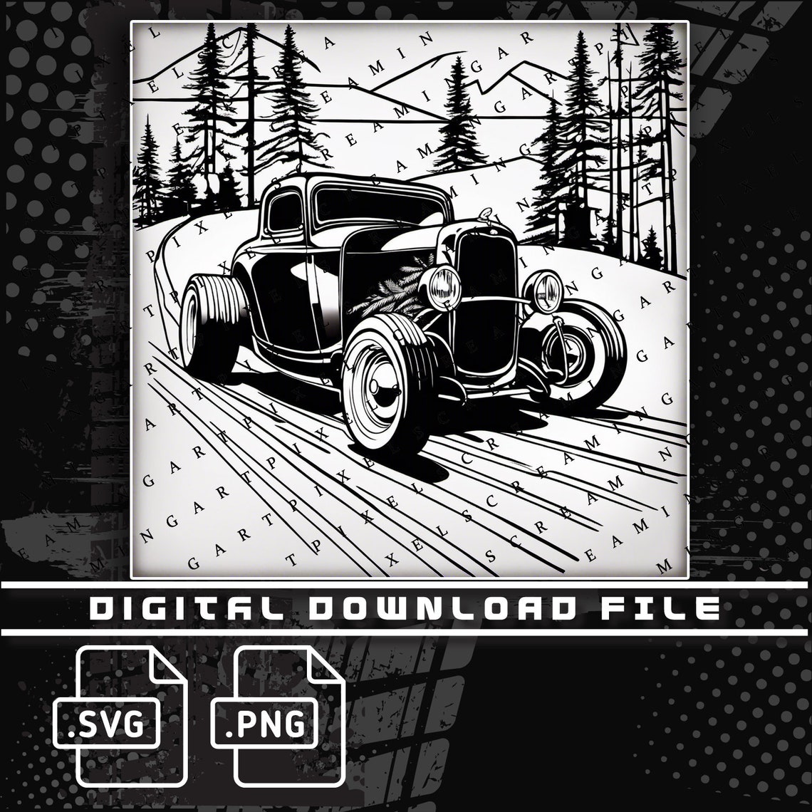 Hot Rod Coupe, Black and White Vector, Rat Rod, Hot Rod PNG SVG 4 Pack ...
