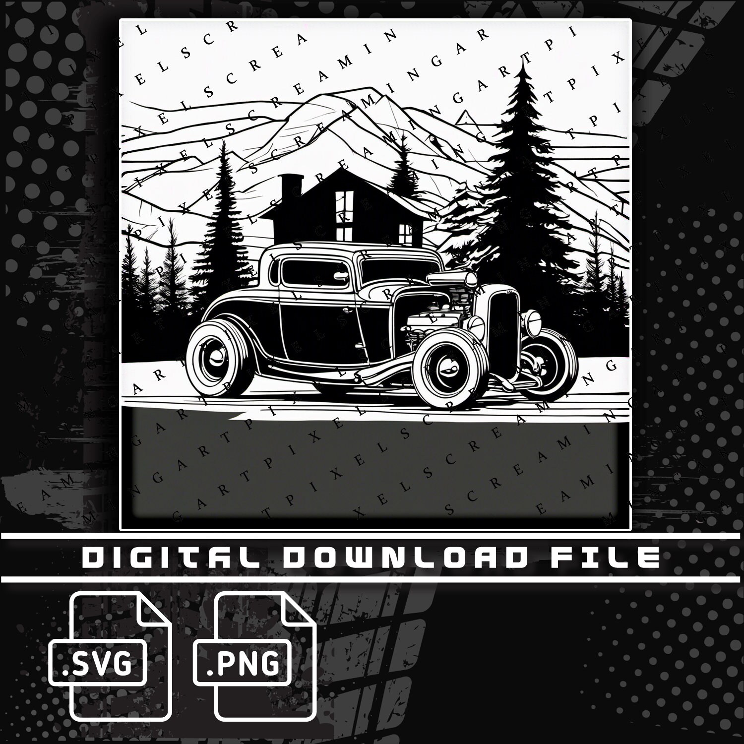 Hot Rod Coupe, Black and White Vector, Rat Rod, Hot Rod PNG SVG 4 Pack ...