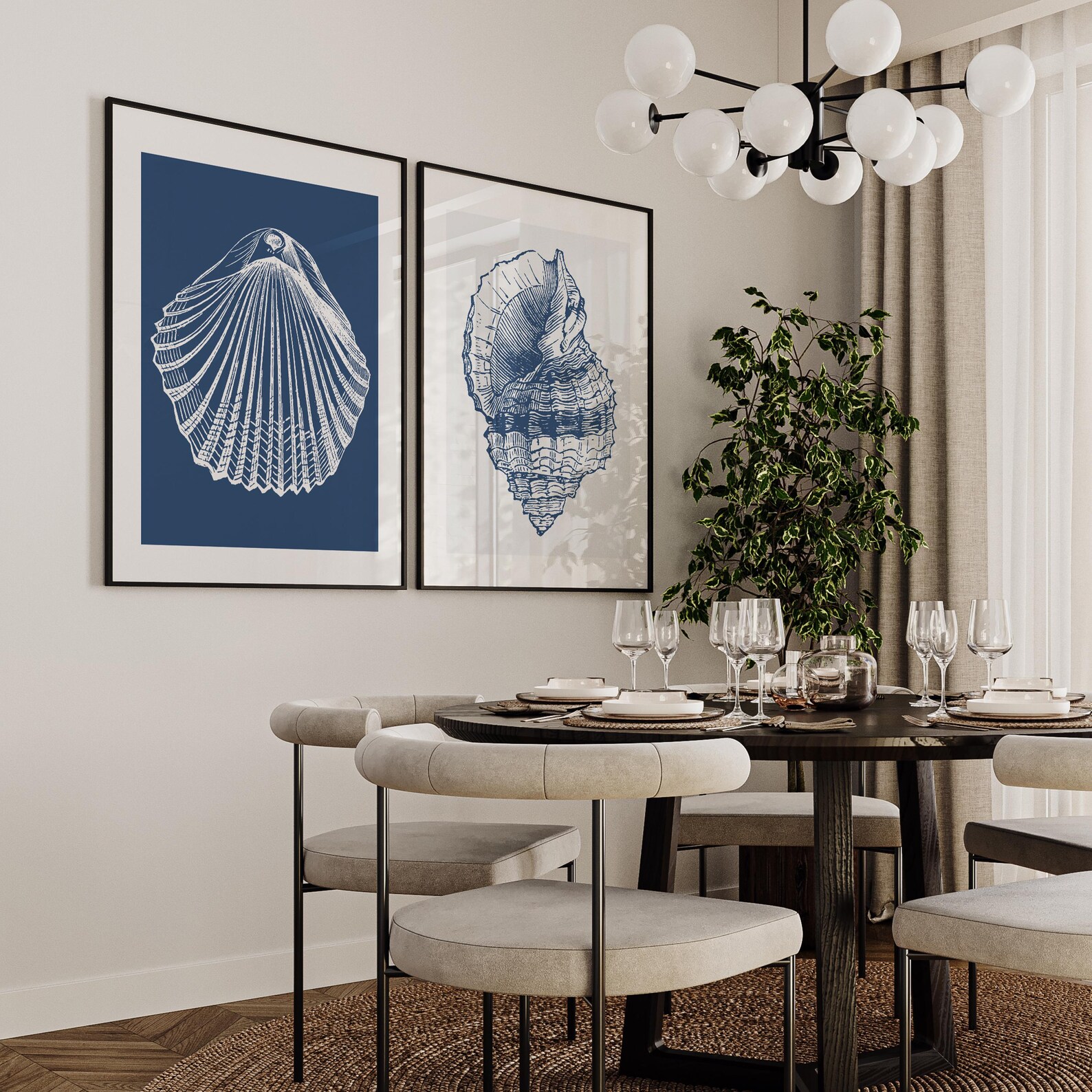 Vintage Seashell Art Prints in Blue, Set of 2 Coastal Seashell Prints ...