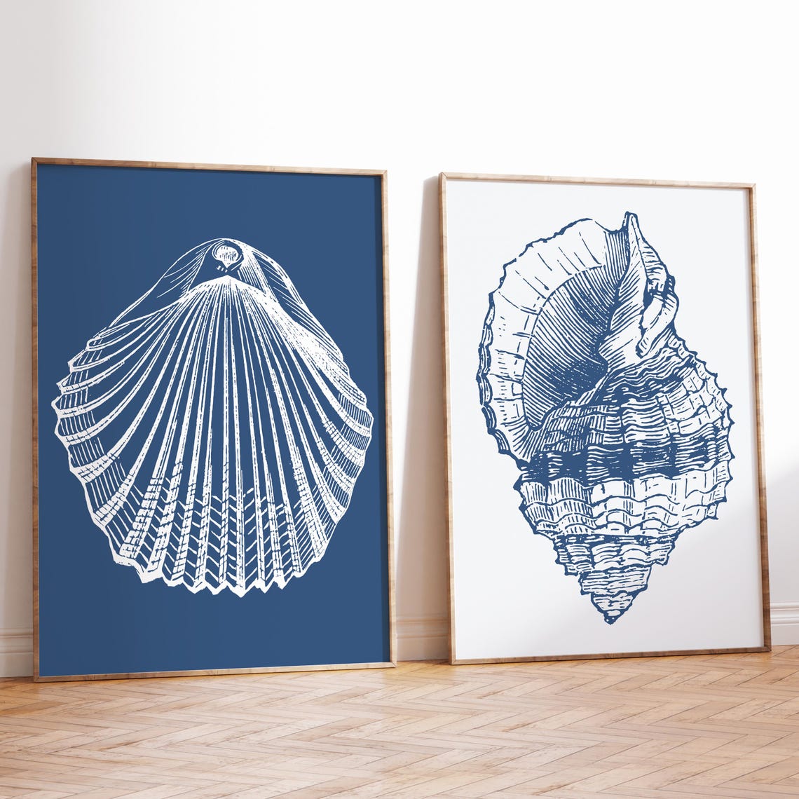 Vintage Seashell Art Prints in Blue, Set of 2 Coastal Seashell Prints ...
