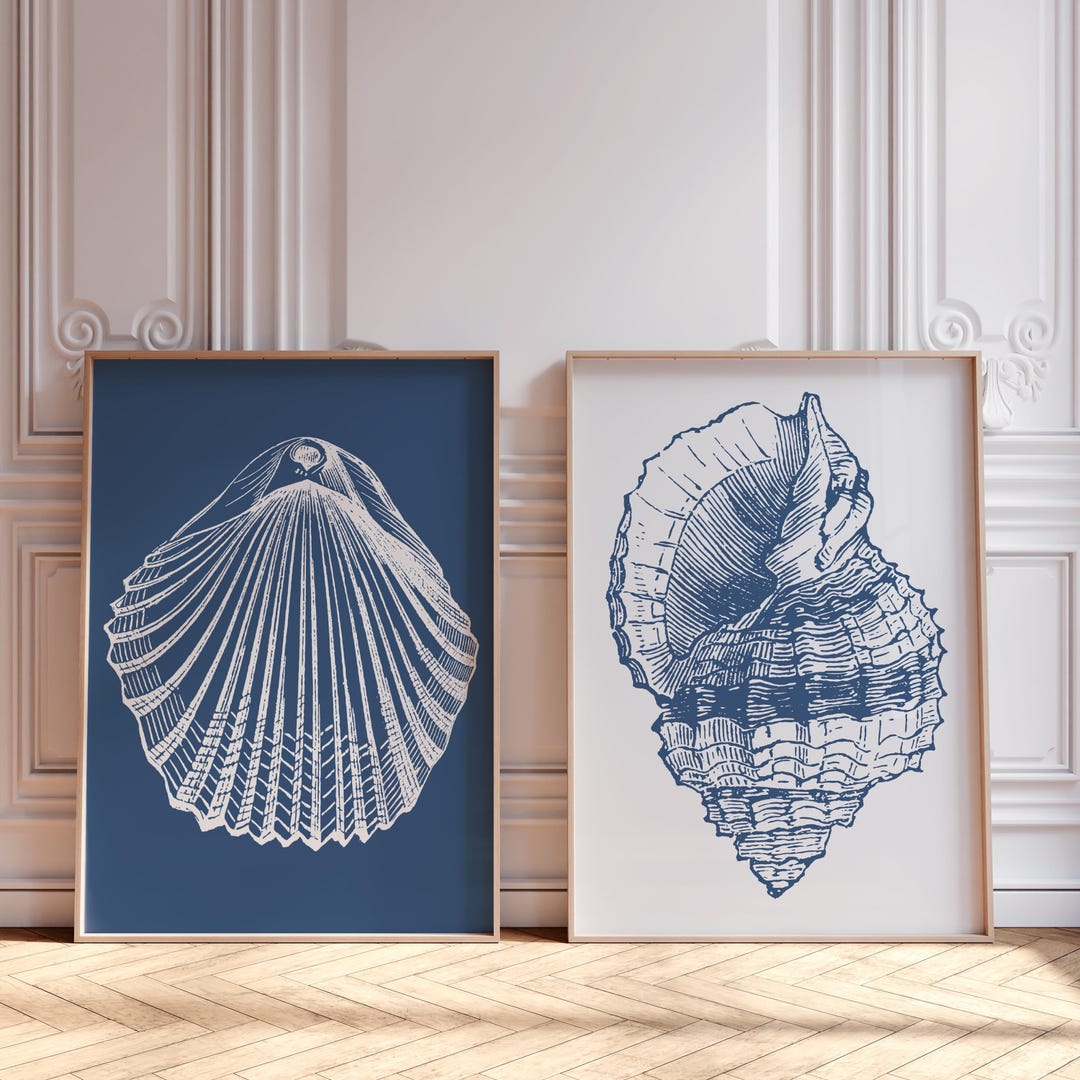 Vintage Seashell Art Prints in Blue, Set of 2 Coastal Seashell Prints ...