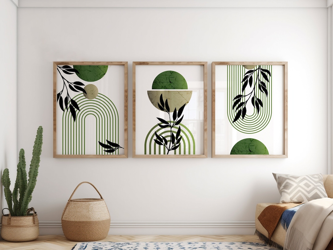 Set of 3 Green Boho Wall Prints, Sage Green Boho Art, Floral Line Art ...