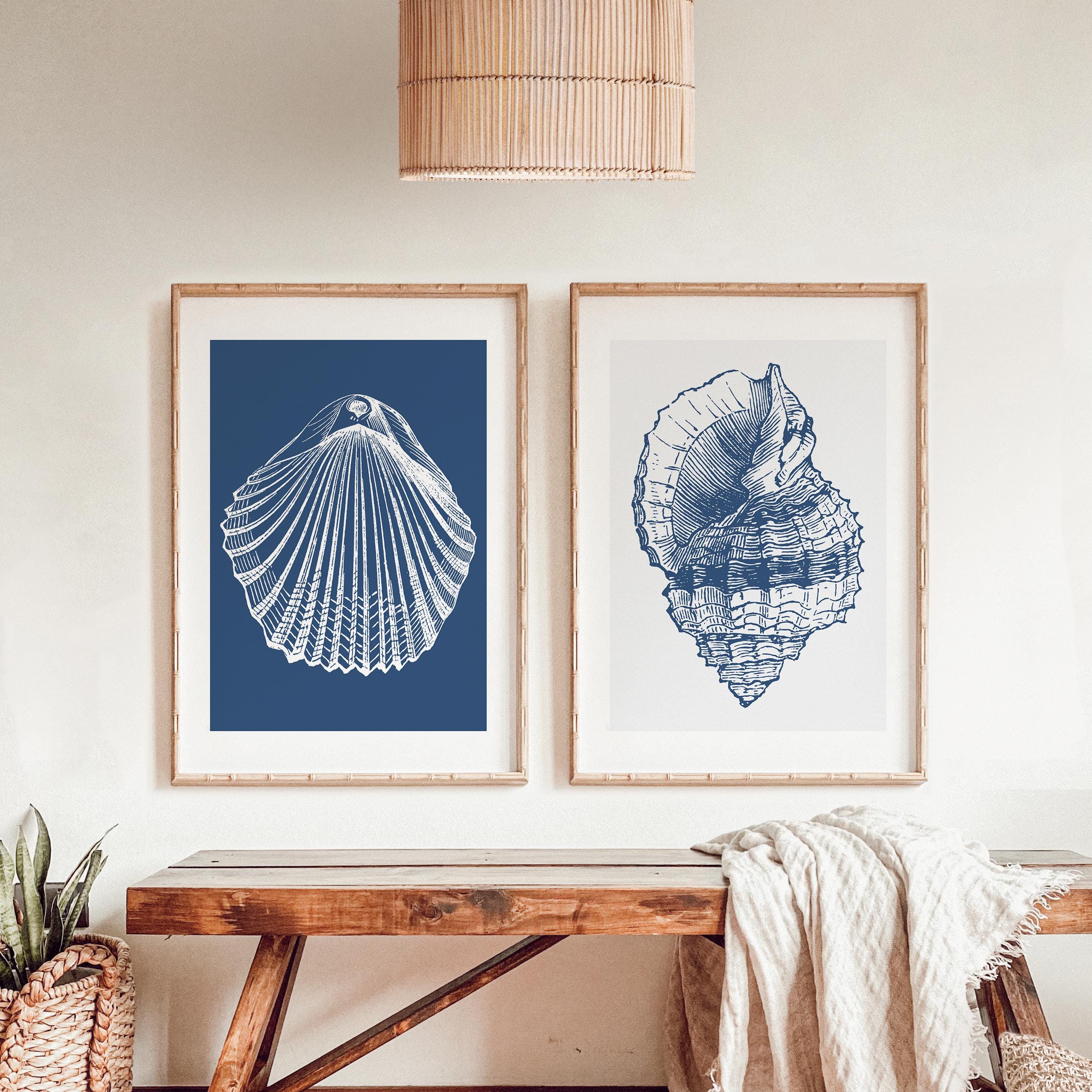 Vintage Seashell Art Prints in Blue, Set of 2 Coastal Seashell Prints ...