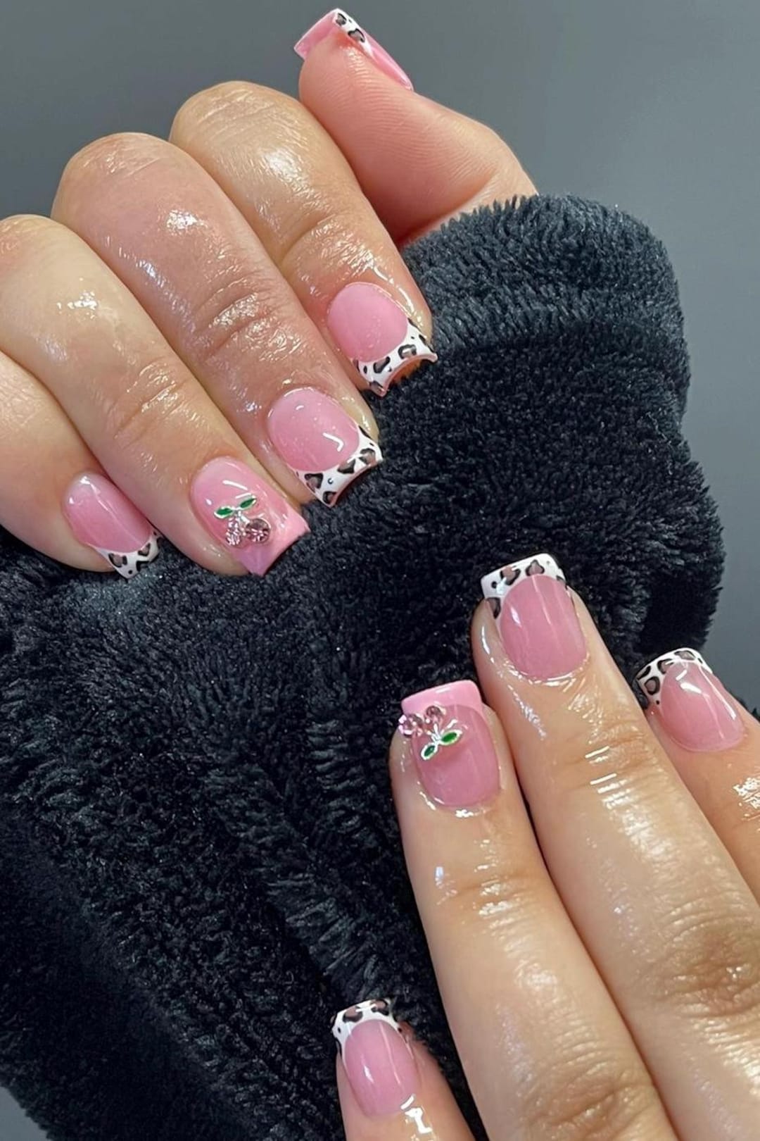Pink French Tip Cheetah Print Cherry Charm Press Ons: Coffin, Almond ...